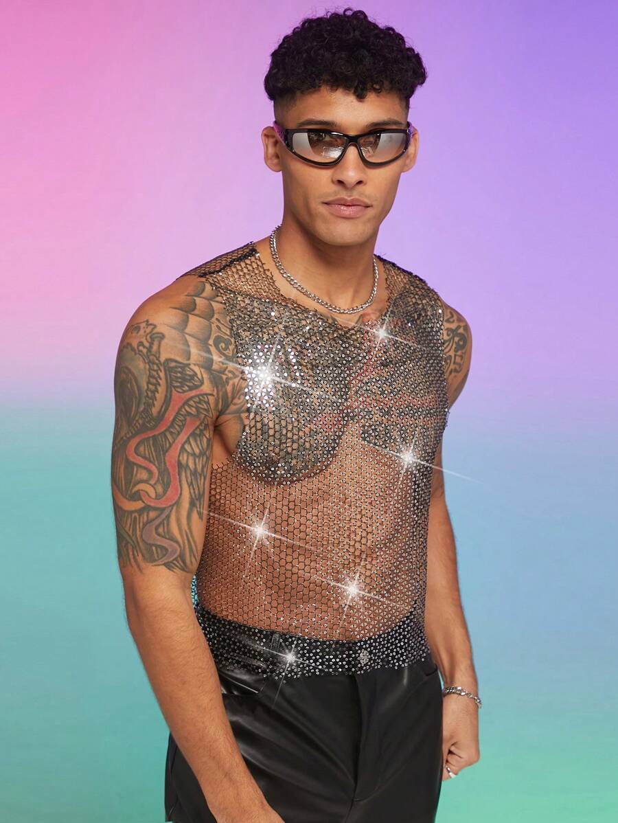 FeverCity Men Rhinestone Fishnet Hollow Out Sexy Fashion Tank Top ...