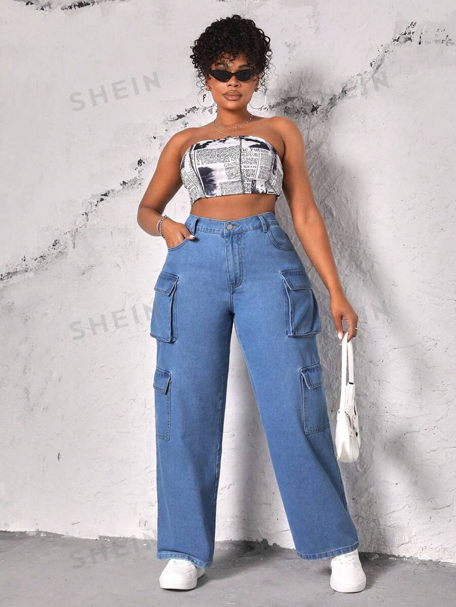 SHEIN SXY Fashionable High-Waisted Plus-Size Women Wide-Leg Denim Cargo ...