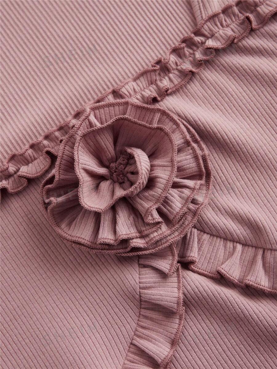 SHEIN MOD Summer 3D Rose Flower & Ruffle Hem Decor Tight-Fitting ...
