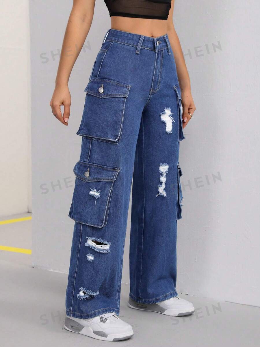 SHEIN PETITE Women Fashionable Casual Multi-Pocket Design Denim Cargo ...