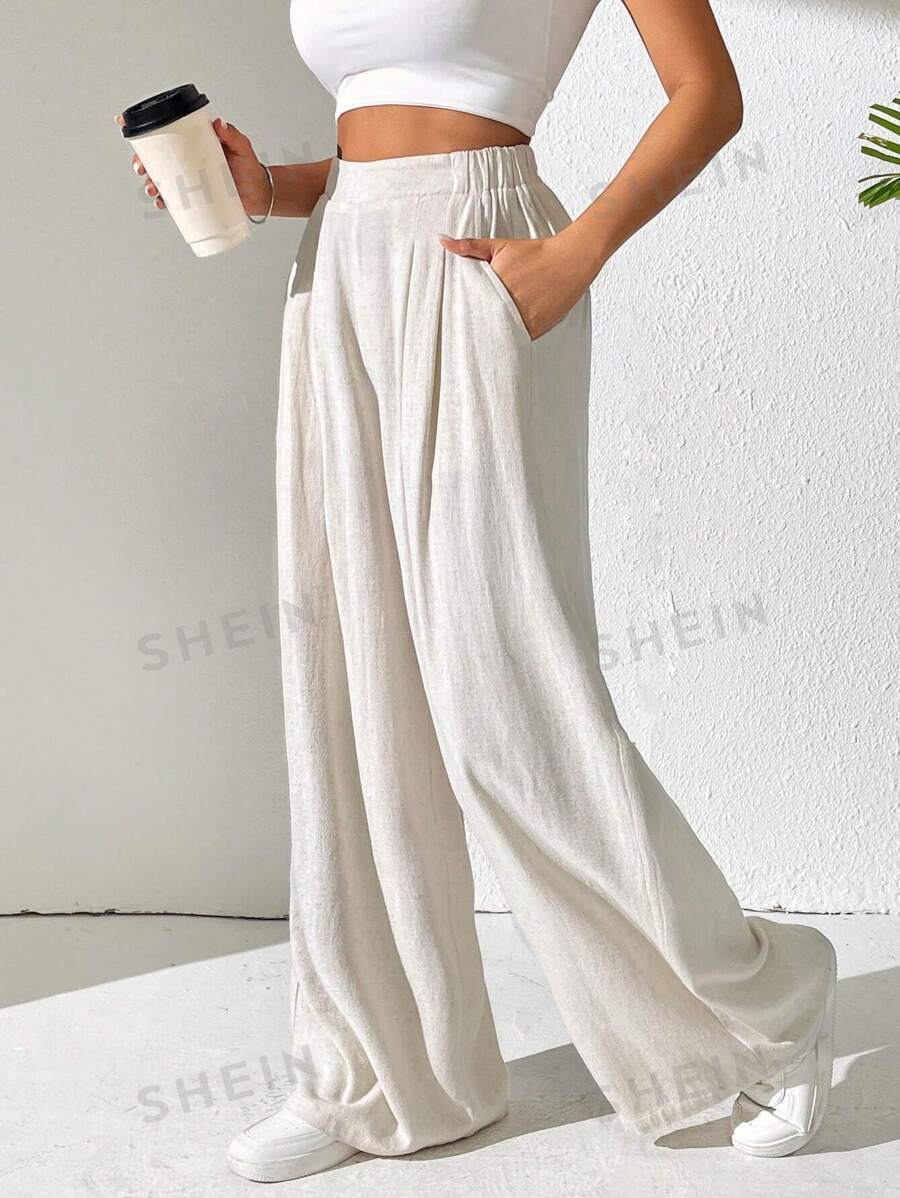 SHEIN Frenchy Elastic Waist Pleated Wide Leg Linen Pants With Slant ...