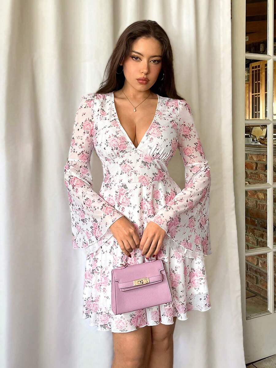 Firerie Printed Dress With Ruffle Cap Sleeves, Deep V-Neck And Flared ...