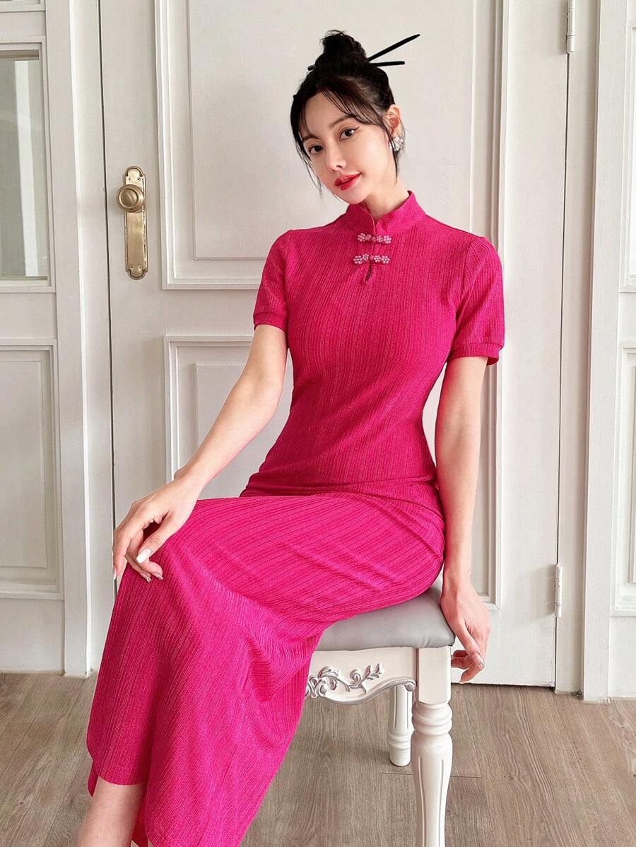 EastFlair Chinese Style Qipao Collar Knitted Bodycon Dress With Elastic ...