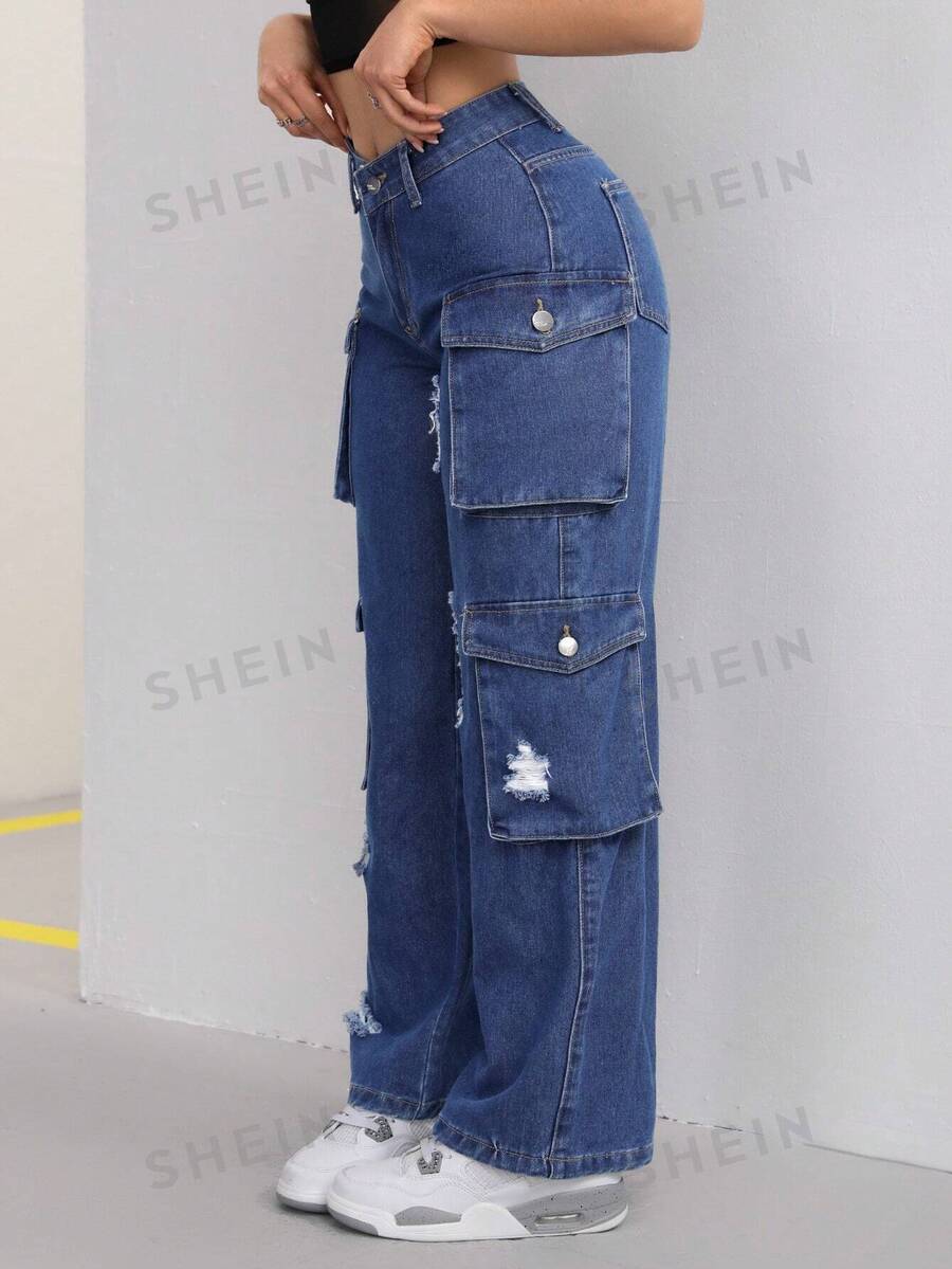 SHEIN PETITE Women Fashionable Casual Multi-Pocket Design Denim Cargo ...