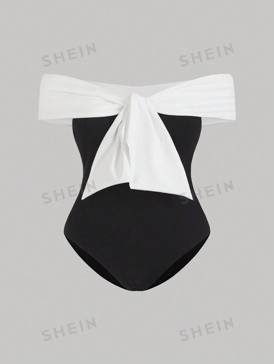 SHEIN MOD Plus Size Women Summer Front Big Bow Black And White ...