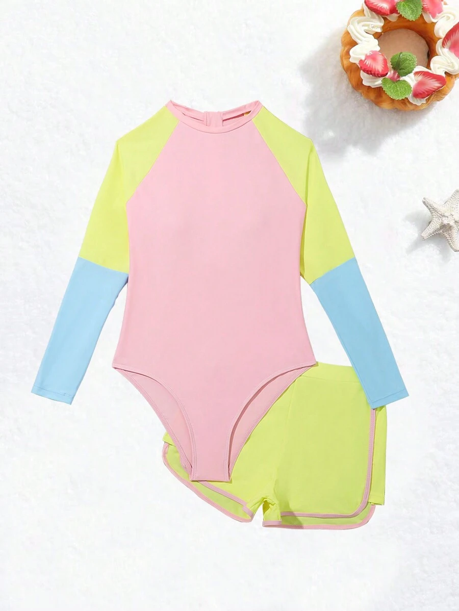 SHEIN Teen Girl Color Block Long Sleeves Rash Guard Swimsuit Set ...