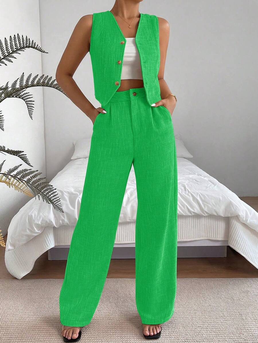 SHEIN Relaxiva Women Solid Color Single-Breasted Vest And Pants Casual ...