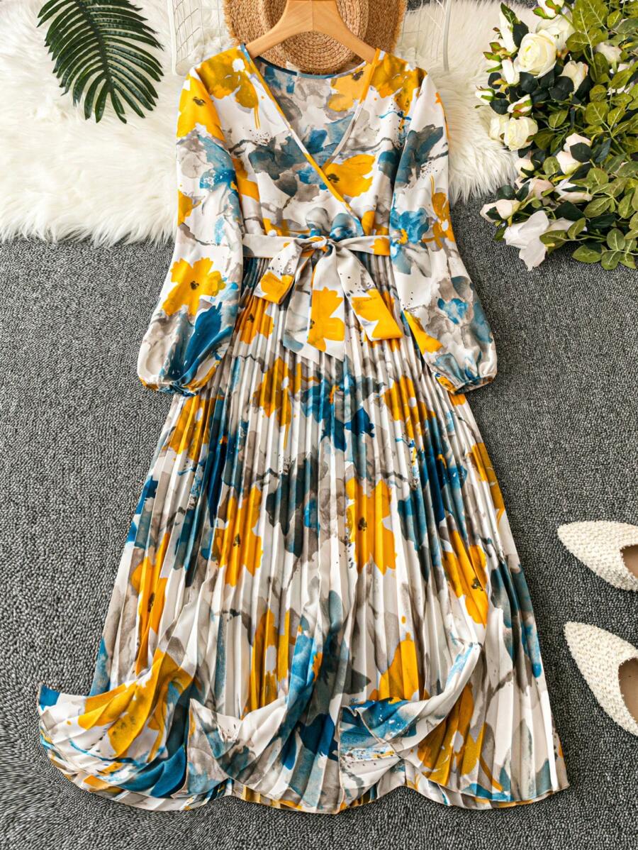 SHEIN Clasi Abito maxi da donna con maniche a lanterna, stampa floreale ...