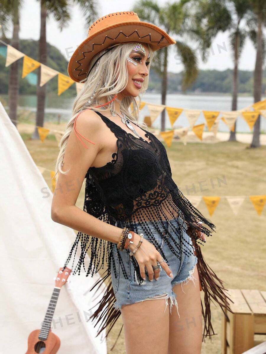 SHEIN VCAY Solid Color Water Soluble Lace Fringed Hem Sheer Vest Cowboy Woman Attire Cowgirl ...