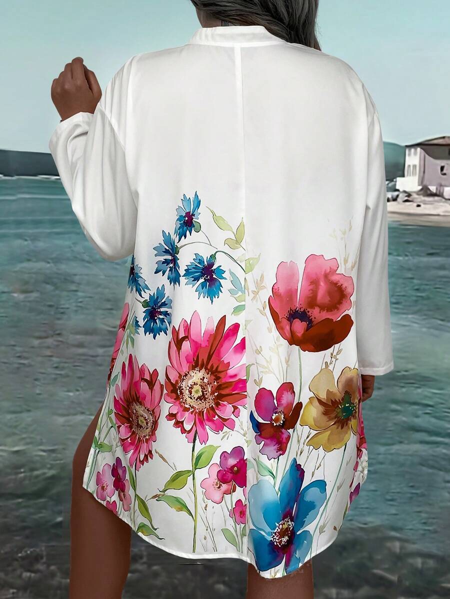 EMERY ROSE Plus Size Summer Casual Floral Print Notched Neck Split Hem Curved Hem Dress | SHEIN USA