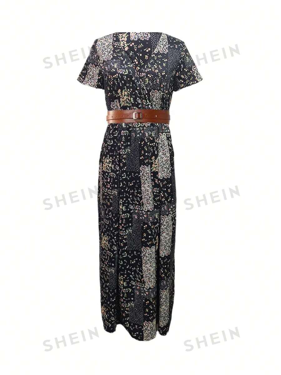SHEIN VCAY Women Paisley Pattern V-Neck Elastic Waist High Slit Maxi ...