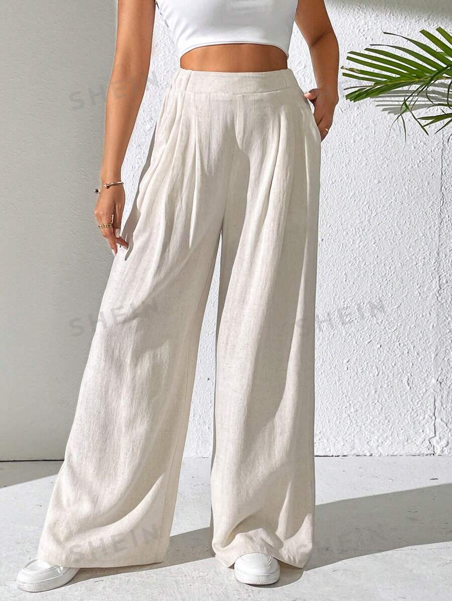 SHEIN Frenchy Elastic Waist Pleated Wide Leg Linen Pants With Slant ...