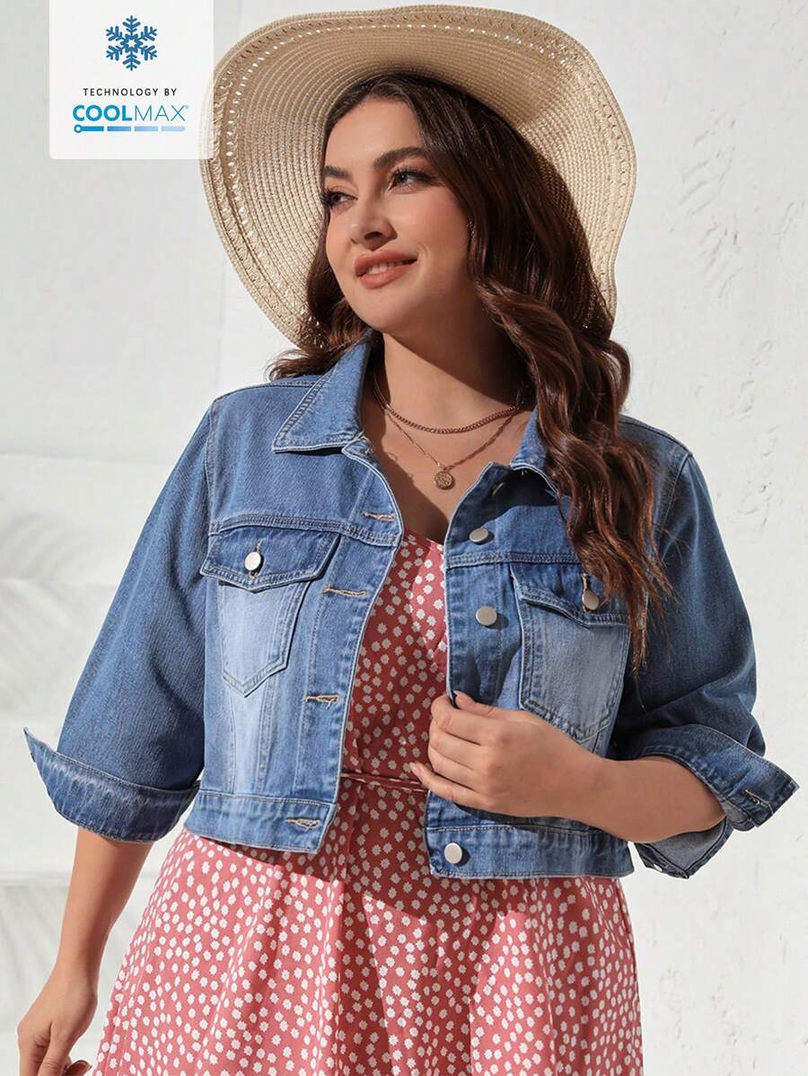 SHEIN Frenchy Coolmax Plus Size Short Water-Washed Button-Front Stylish Denim Jacket For Summer ...
