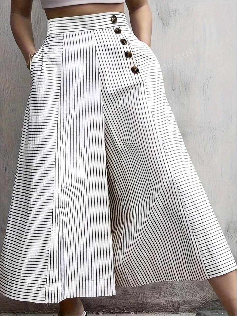 Front Button & Pocket Casual Wide Leg Pants, Music Festival High Waist ...