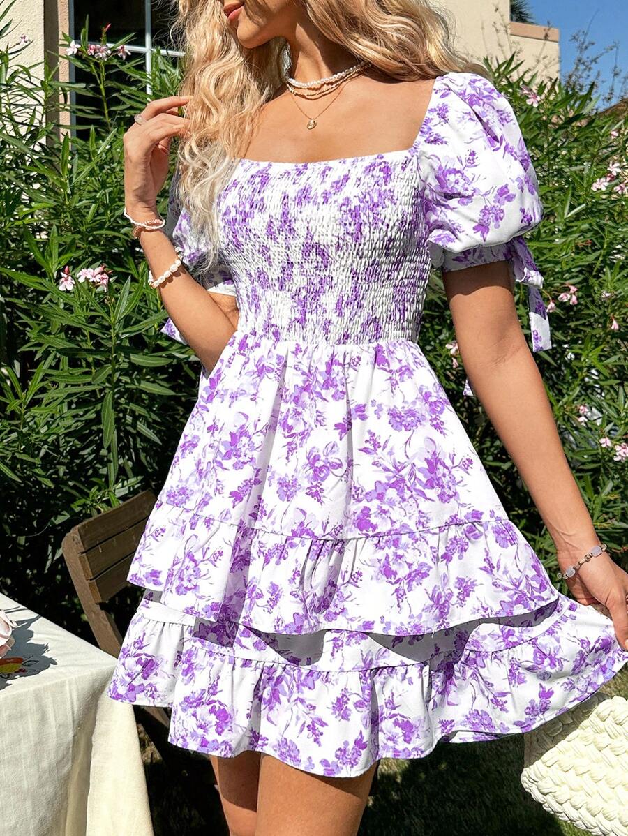 Soleia Summer Holiday Floral Printed Square Neckline Dress With Ruffled Hem,Lavender Dress for ...