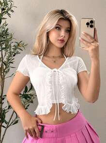 SHEIN ICON Women's Fashionable Halter Neck Open Front Faux Two Piece Y2K Cute Pastel Peplum ...