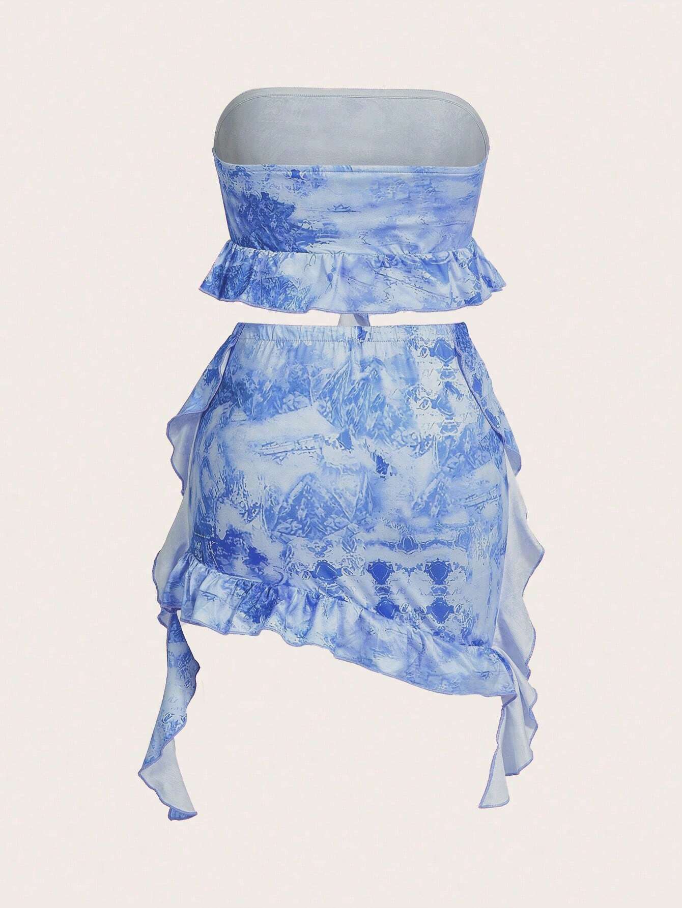 SHEIN MOD Ladies Irregular Printed Ruffle Bandeau Top And Short Skirt Set | SHEIN UK