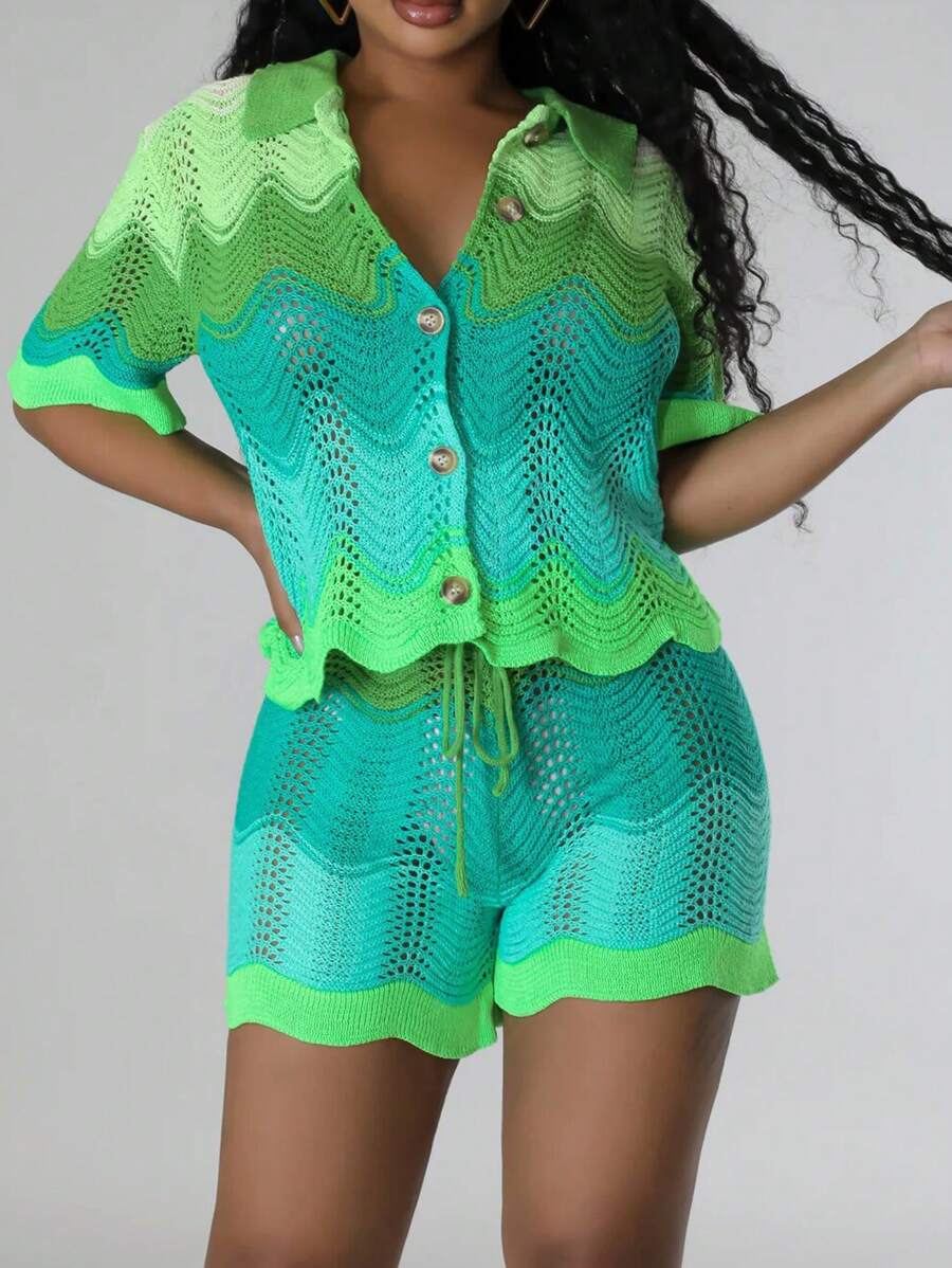 2pcs Women Color Block Crochet Short Sleeve Knit Top And Shorts Set ...