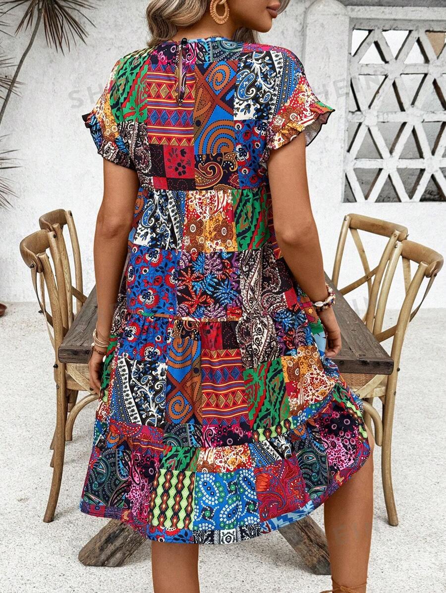 Shein Lune Summer Vacation Patchwork Printed Round Neck Batwing Sleeve