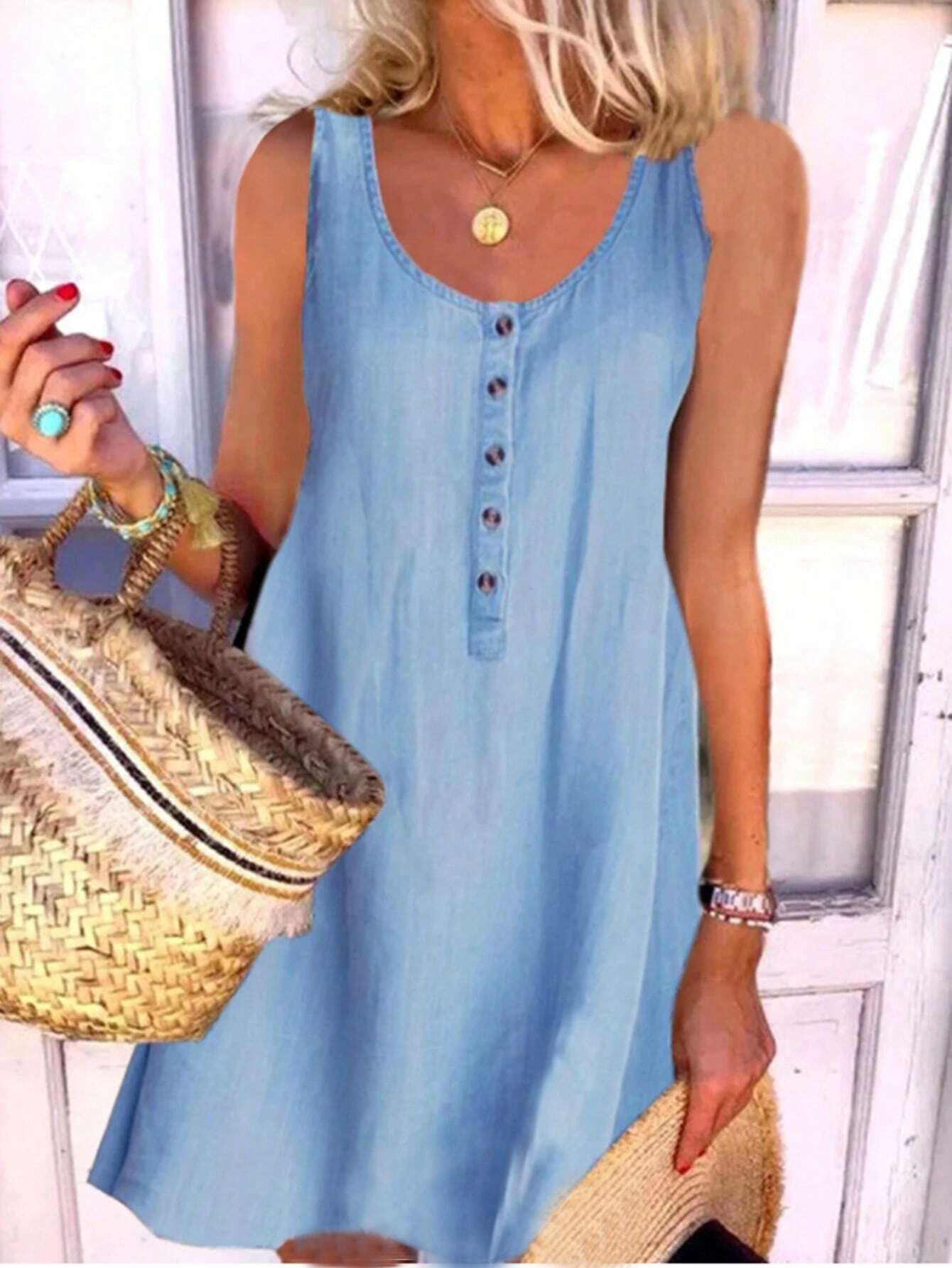 SHEIN LUNE Solid Color A-Line Dress With Round Collar And Button ...