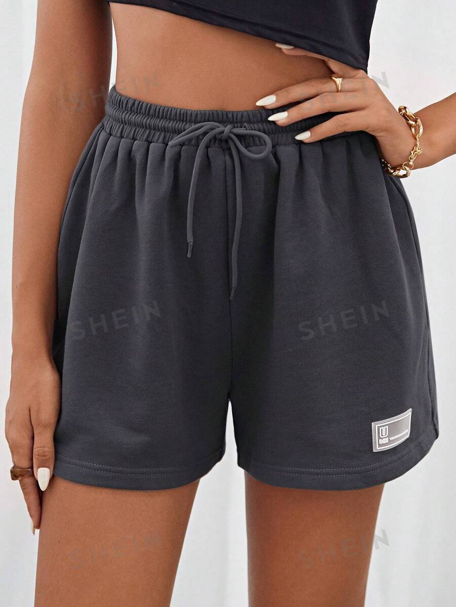 SHEIN EZwear Summer Dark Grey Letter Patched Drawstring Waist Track ...