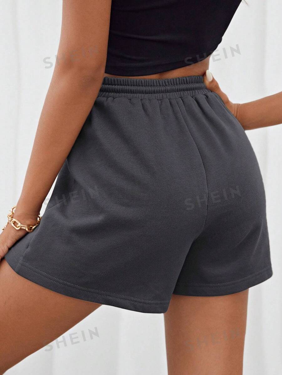 SHEIN EZwear Summer Dark Grey Letter Patched Drawstring Waist Track ...