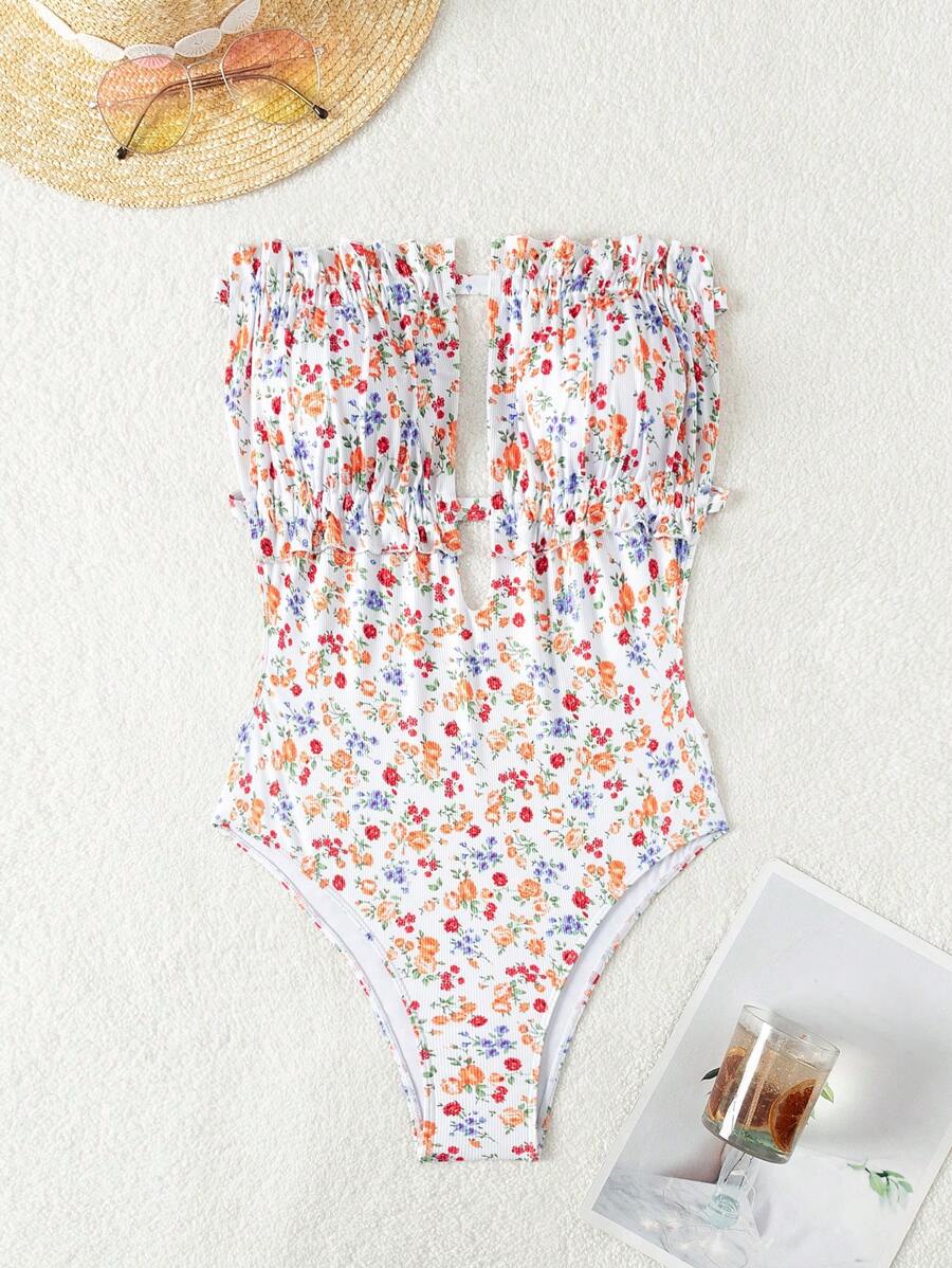 Shein Swim Curve Summer Beach Plus Size Womens Floral Ruffle Trim