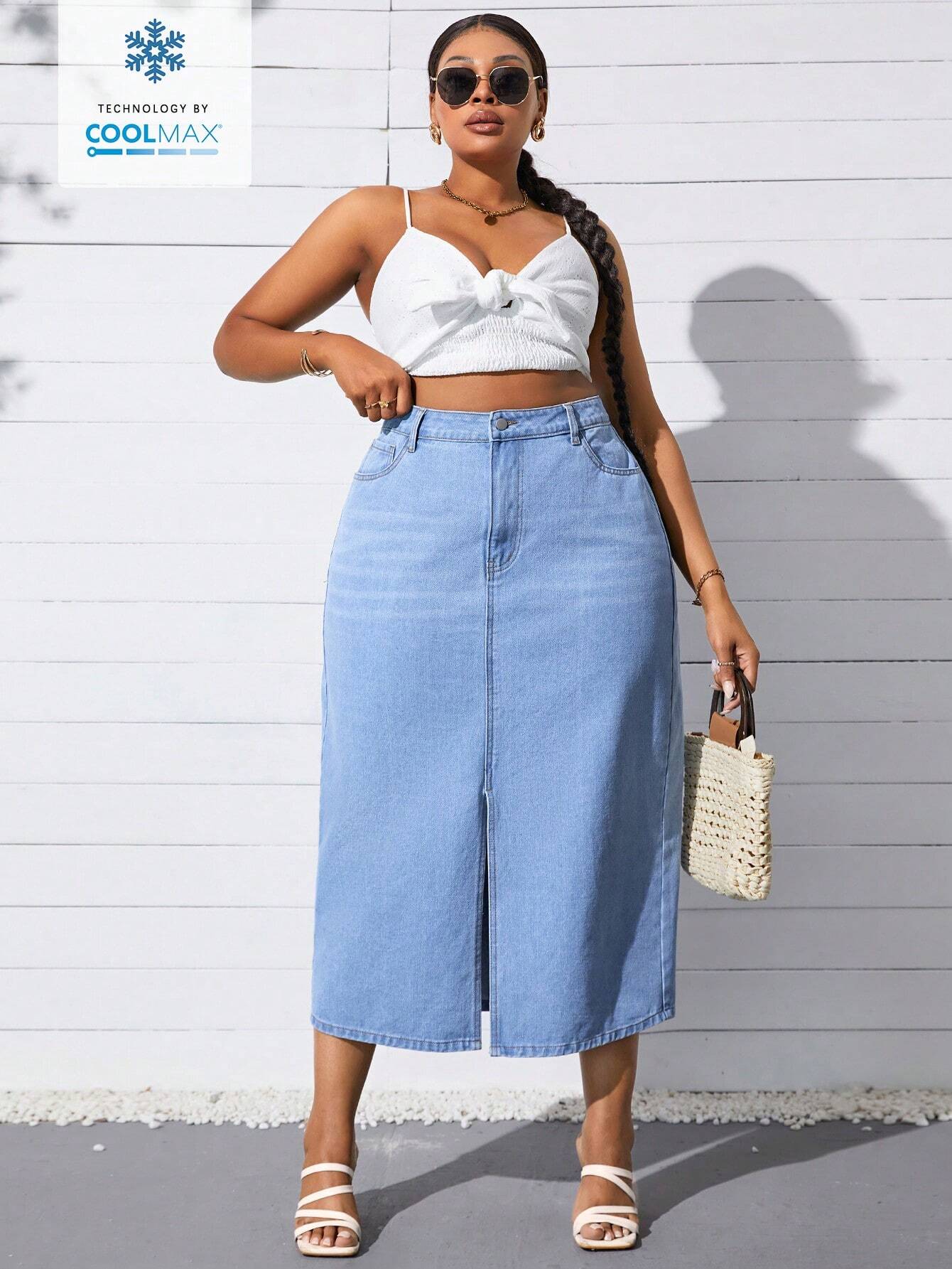 SHEIN SXY Saia Lápis Plus Size Feminina Coolmax de Cor Sólida com Fenda ...