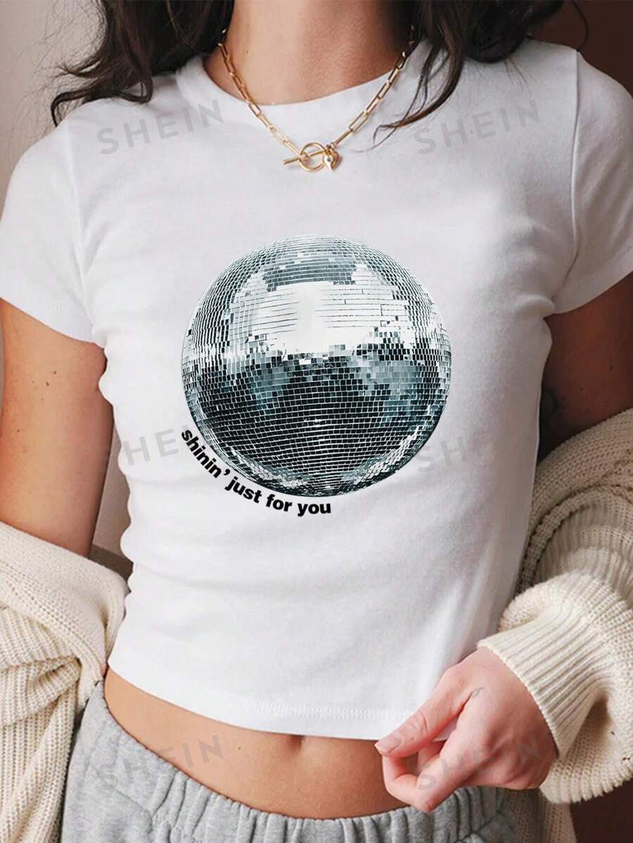 SHEIN EZwear Y2k Metallic Ball & Letter Printed Cropped T-Shirt For ...
