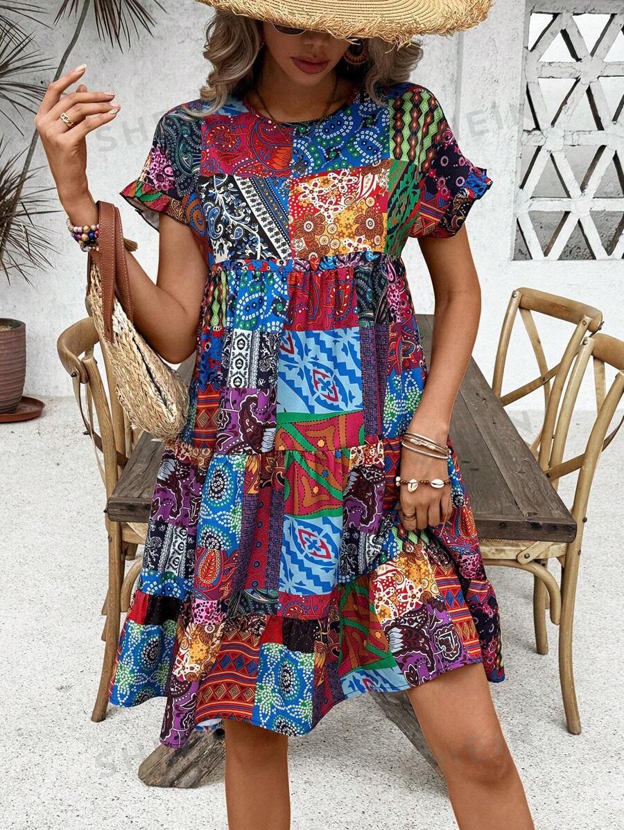 Shein Lune Summer Vacation Patchwork Printed Round Neck Batwing Sleeve