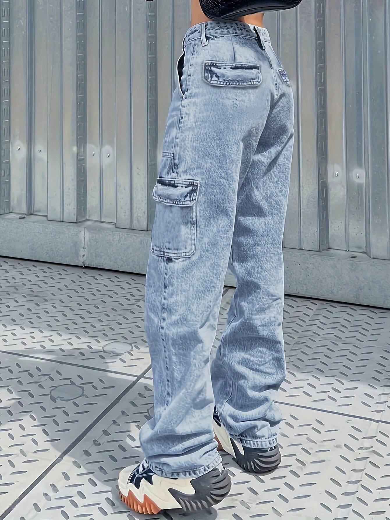 American-Style Simplistic Slim-Fit Light-Colored Denim Jeans With ...