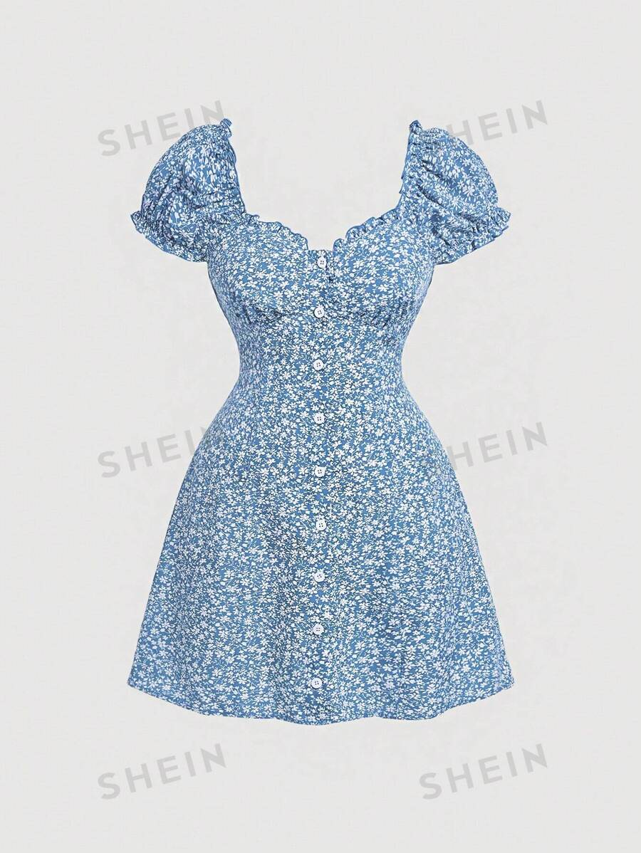 SHEIN MOD White Vintage Plus Size Dress With Mushroom Edging And Ditsy Floral | SHEIN UK