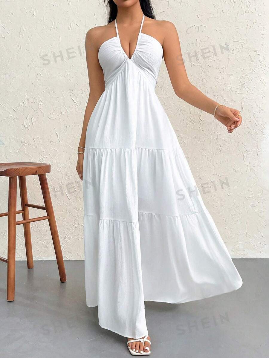 SHEIN Privé Robe longue dos-nu en crêpe avec noeud à nouer au cou pour les occasions de mariage ...