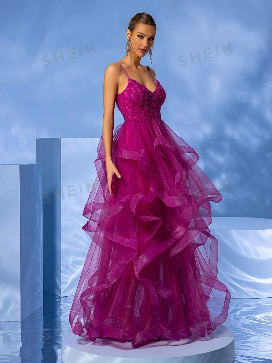 Giffniseti Ladies' Party Prom Dress With 3d Rose Print, Multi-Layer Tulle And High-End Luxury ...