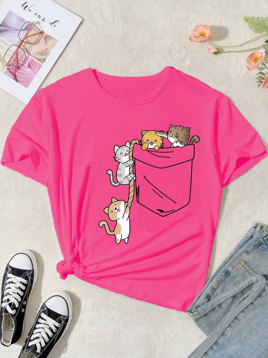 Tween Girl Cute Cat Print Short Sleeve Round Neck T-Shirt | SHEIN UK