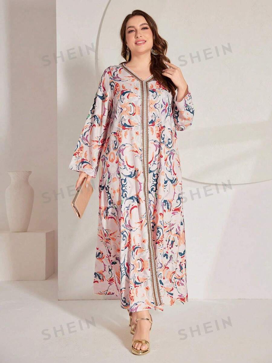 SHEIN Najma Plus Size Women's Full Print Patchwork Woven Long Sleeve ...