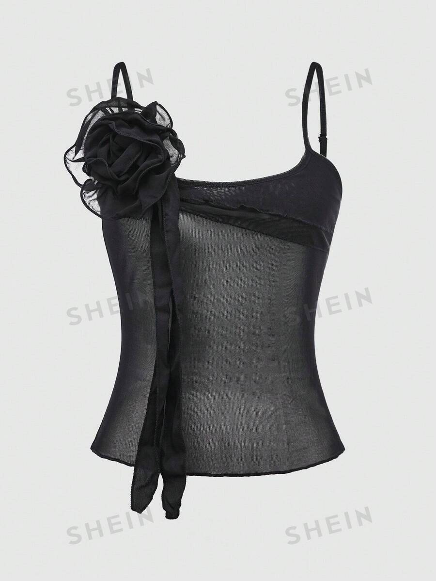 SHEIN Privé Mesh Perspective Sexy Thin Strap 3D Flower Tank Top | SHEIN UK