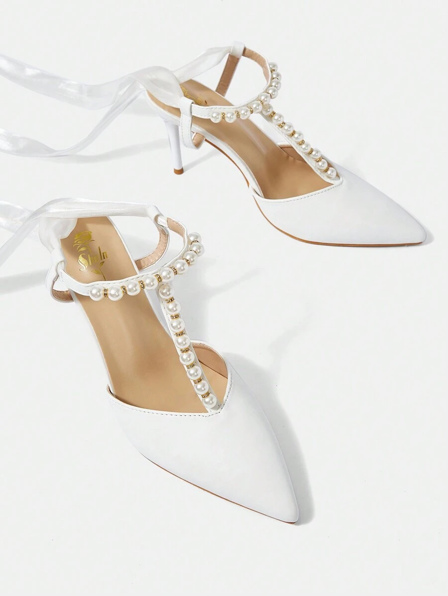 SHEIN Belle Ladies' White Wedding Shoes With Pointed Toe, Stiletto Heel ...