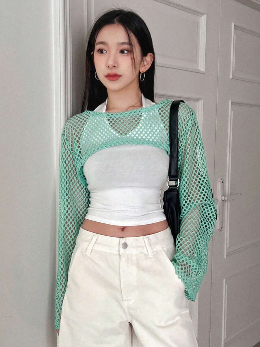 DAZY Women Solid Color Fishnet See-Through Ultra Short Top For Summer ...