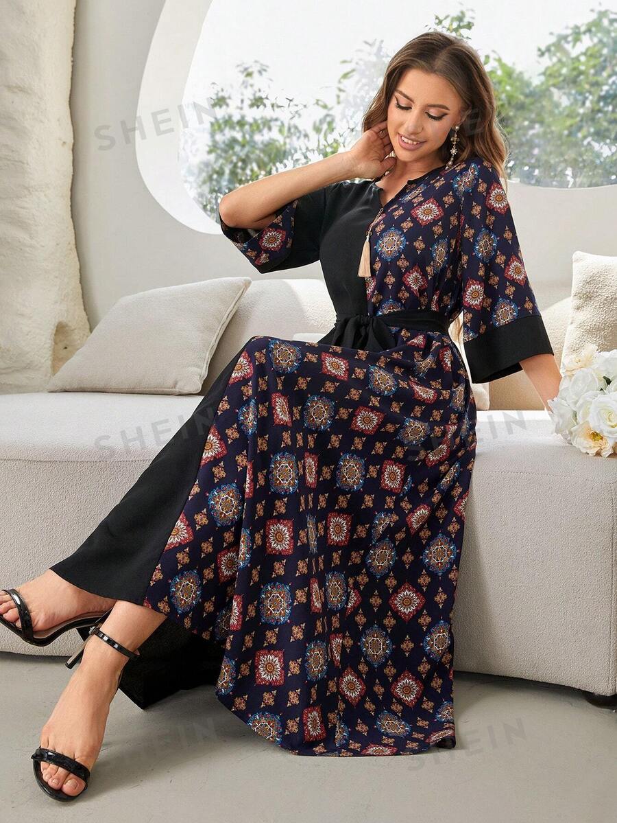 SHEIN Mulvari Damen Kleid mit Quasten, Kerbe Kragen und Trompetenärmeln ...