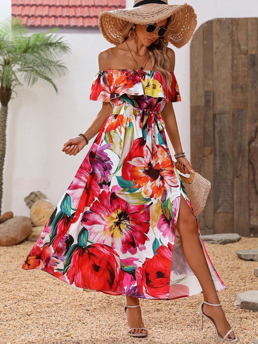 Breezaya Women Vacation Style Floral Print Off Shoulder Maxi Dress With Ruffle Hem And Side Slit ...