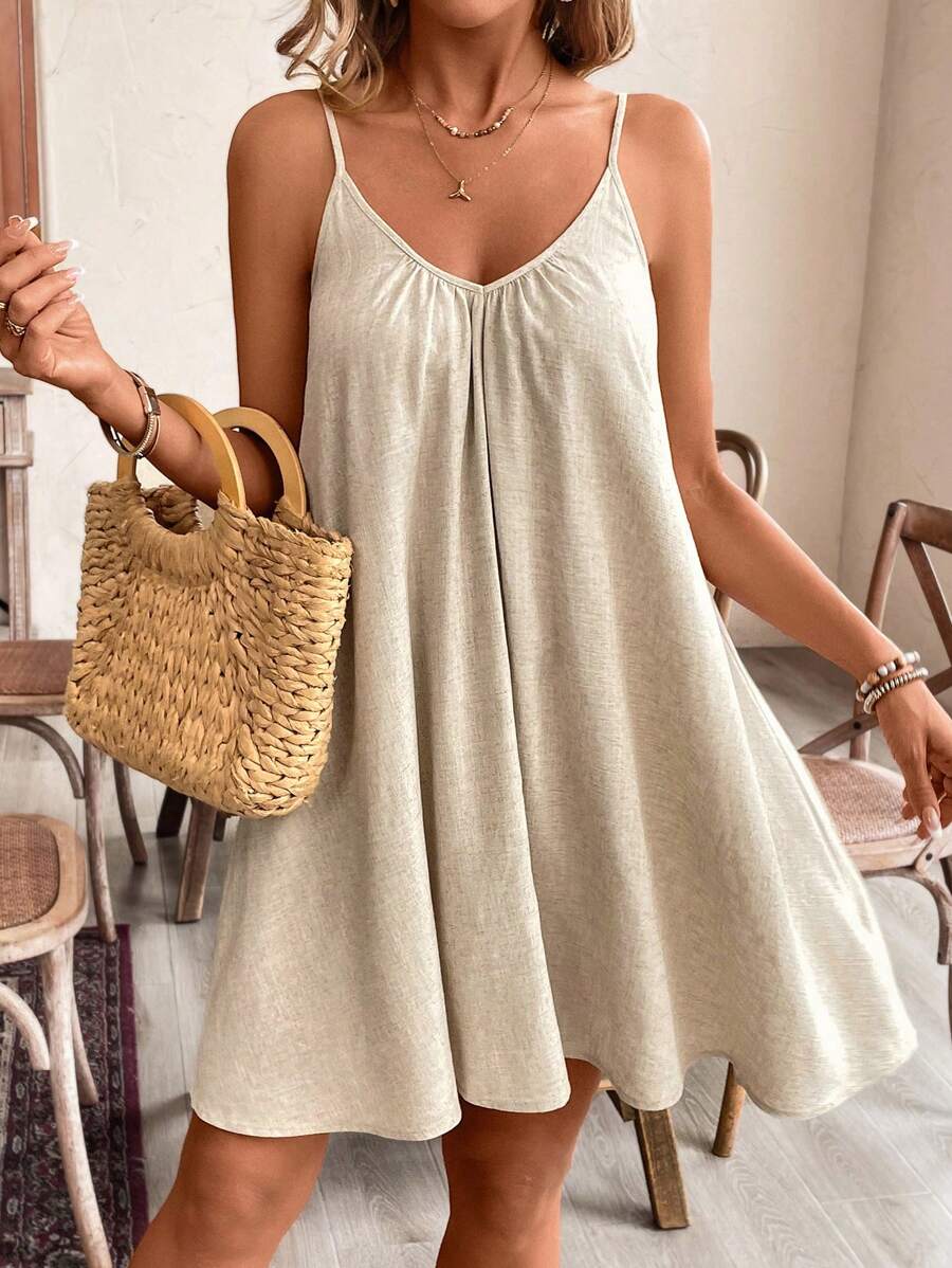 SHEIN Frenchy Linen Holiday Loose Dress Casual Solid Color Spaghetti ...