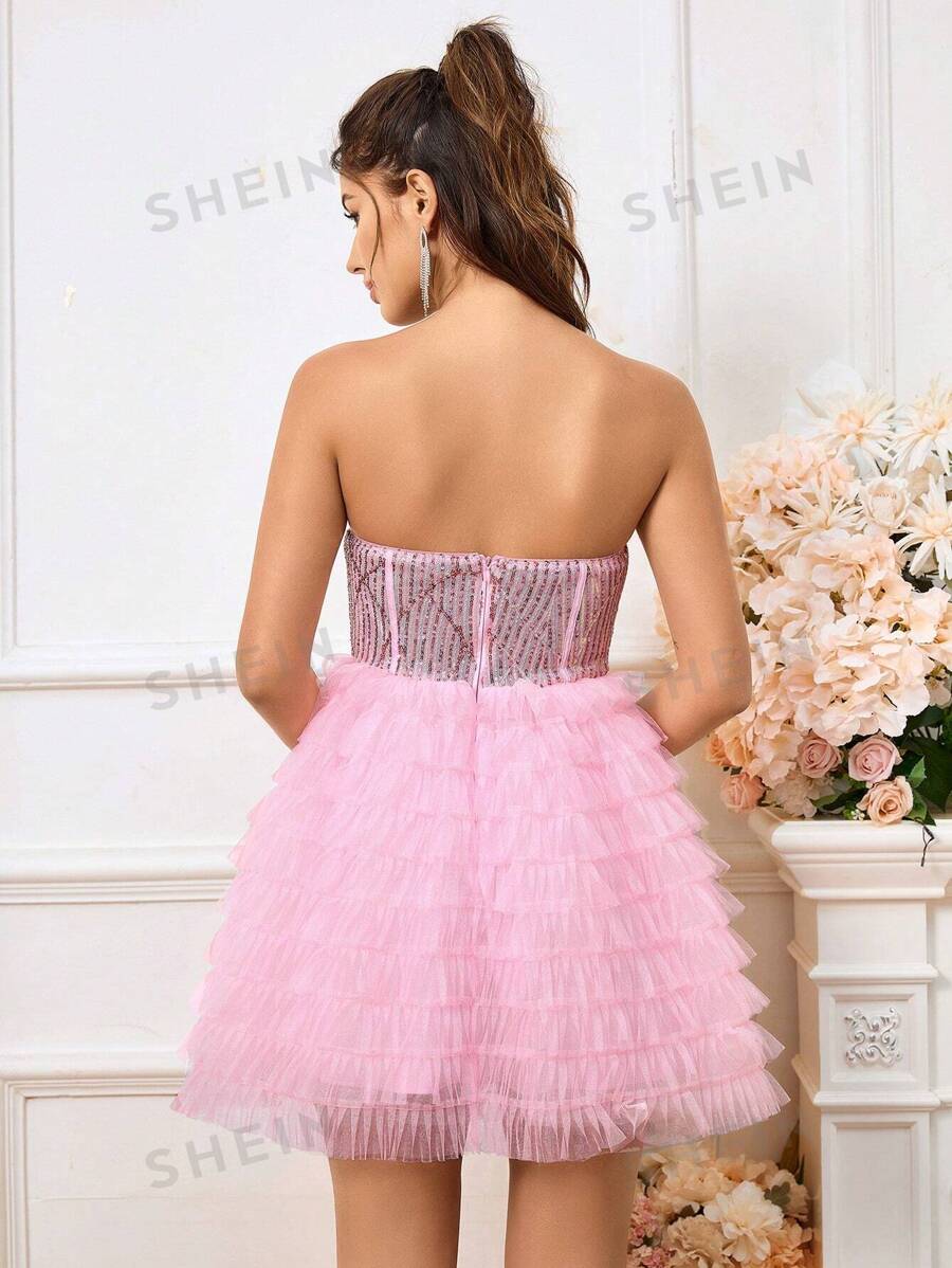 SHEIN Belle Vestido de festa rosa princesa A-line elegante sem alças ...