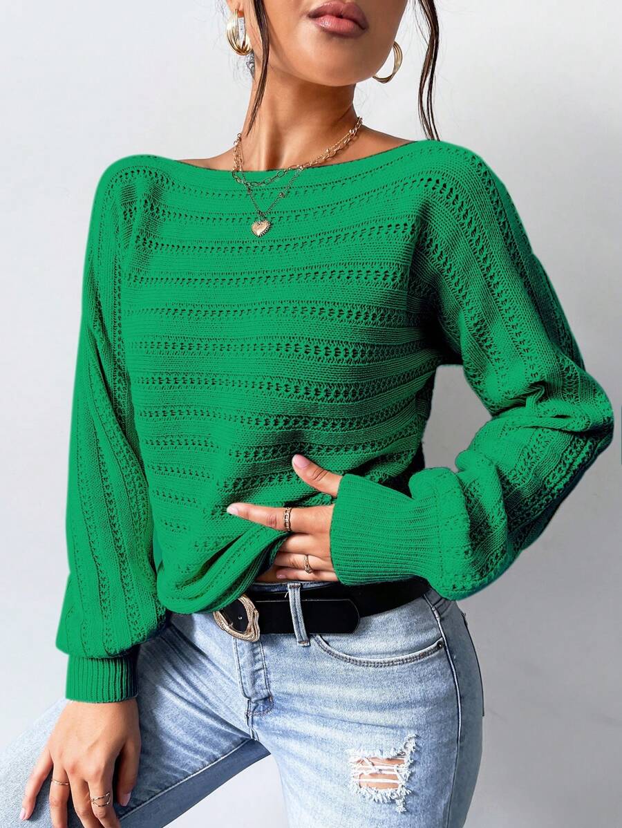 SHEIN LUNE Women Lantern Sleeve Boat Neck Pullover Sweater | SHEIN USA