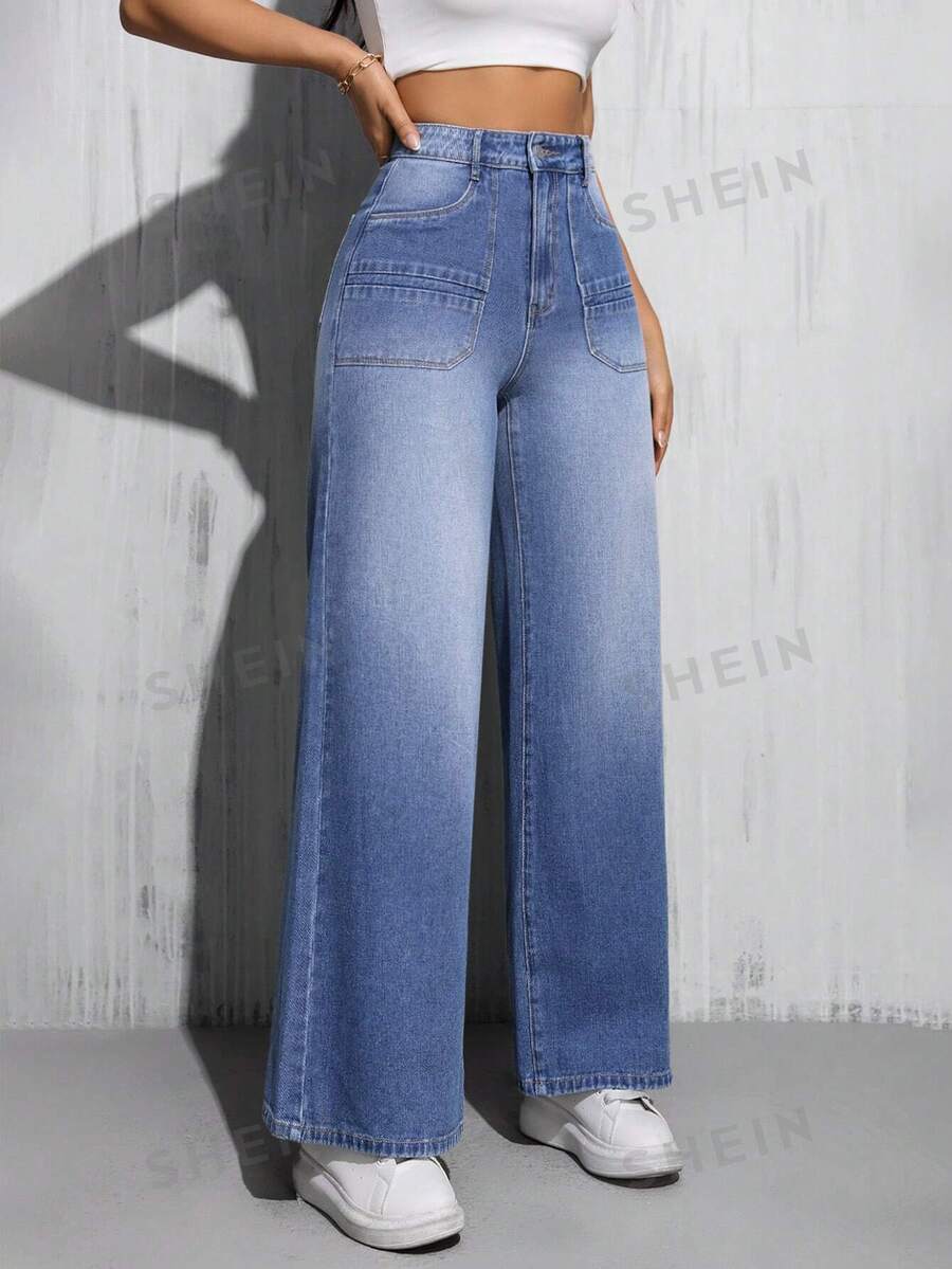 SHEIN Essnce Women Casual Slim Fit Denim Wide Leg Pants With Pockets ...