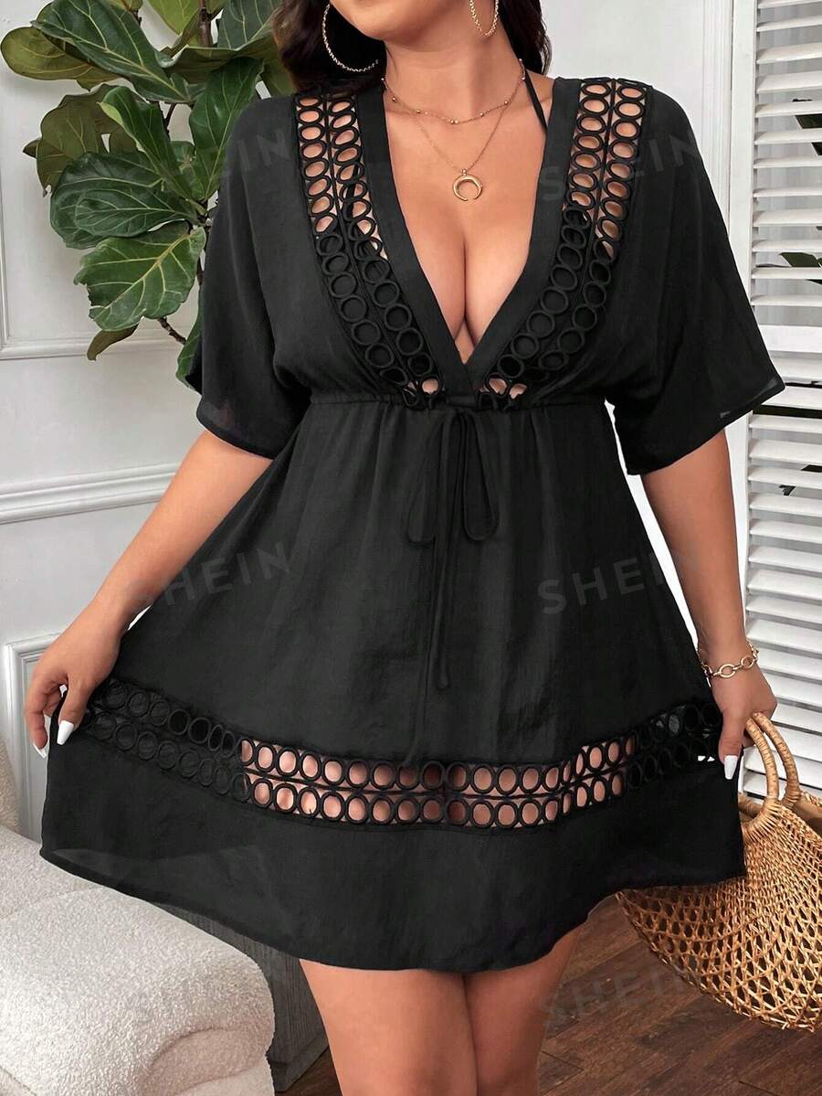 SHEIN Swim Curve Saida de Praia da moda feminina plus size, sólido com bordado vazado e manga ...