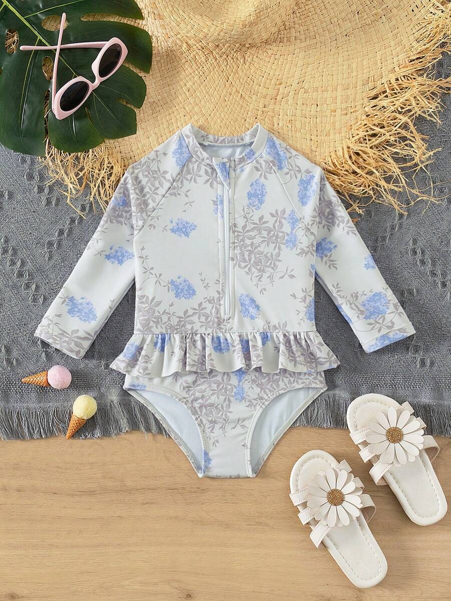 Baby Girl One-Piece Swimsuit With Floral Print, Ruffled Hem, And Long ...