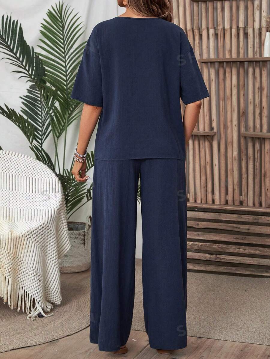 SHEIN JORESS Holiday Solid Color Short Sleeve Shirt And Long Pants ...