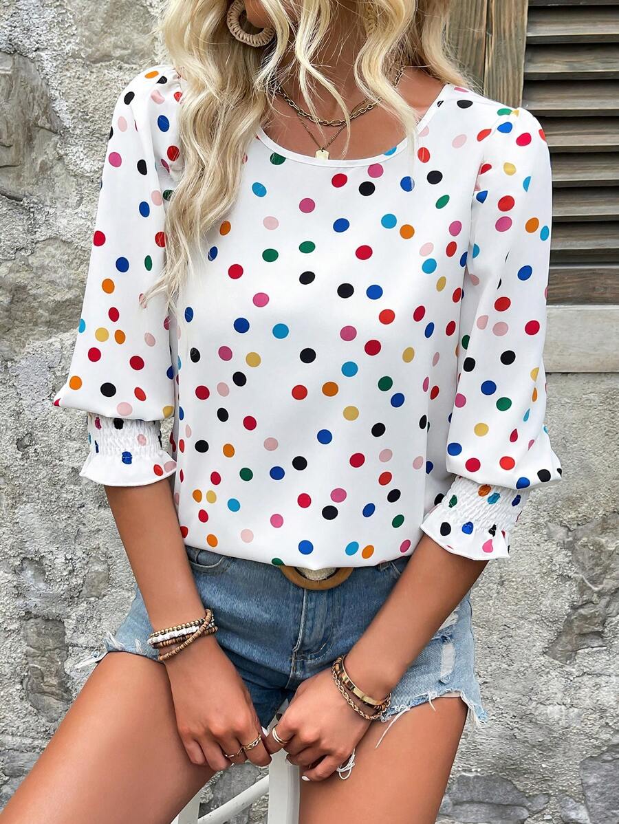 EMERY ROSE Spring Summer Casual Colorful Polka Dots Printed Shirt,Three ...