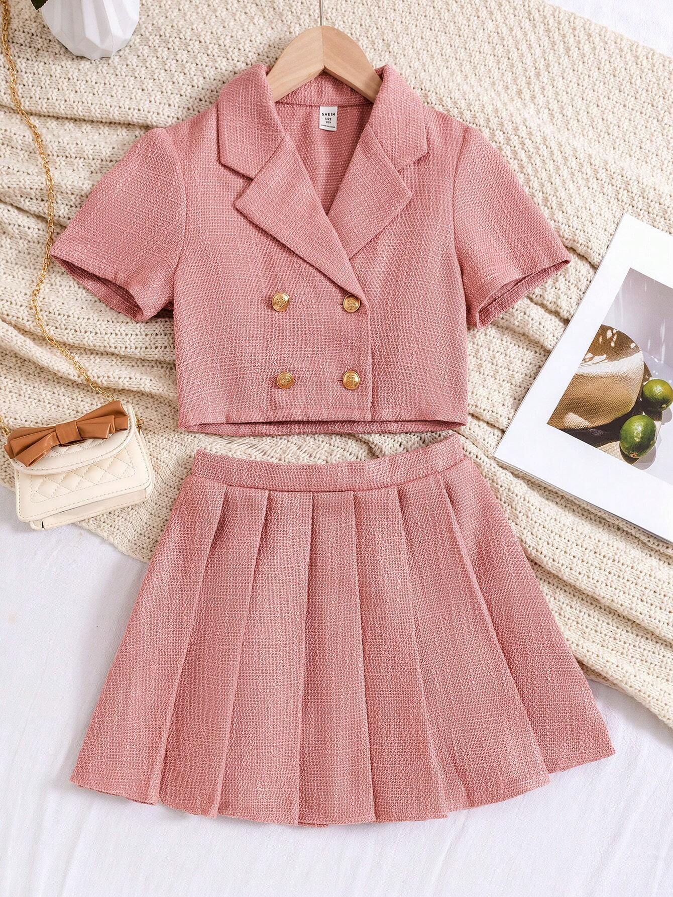 SHEIN Tween Girl Academy Style Stand Collar Double-Breasted Top And ...